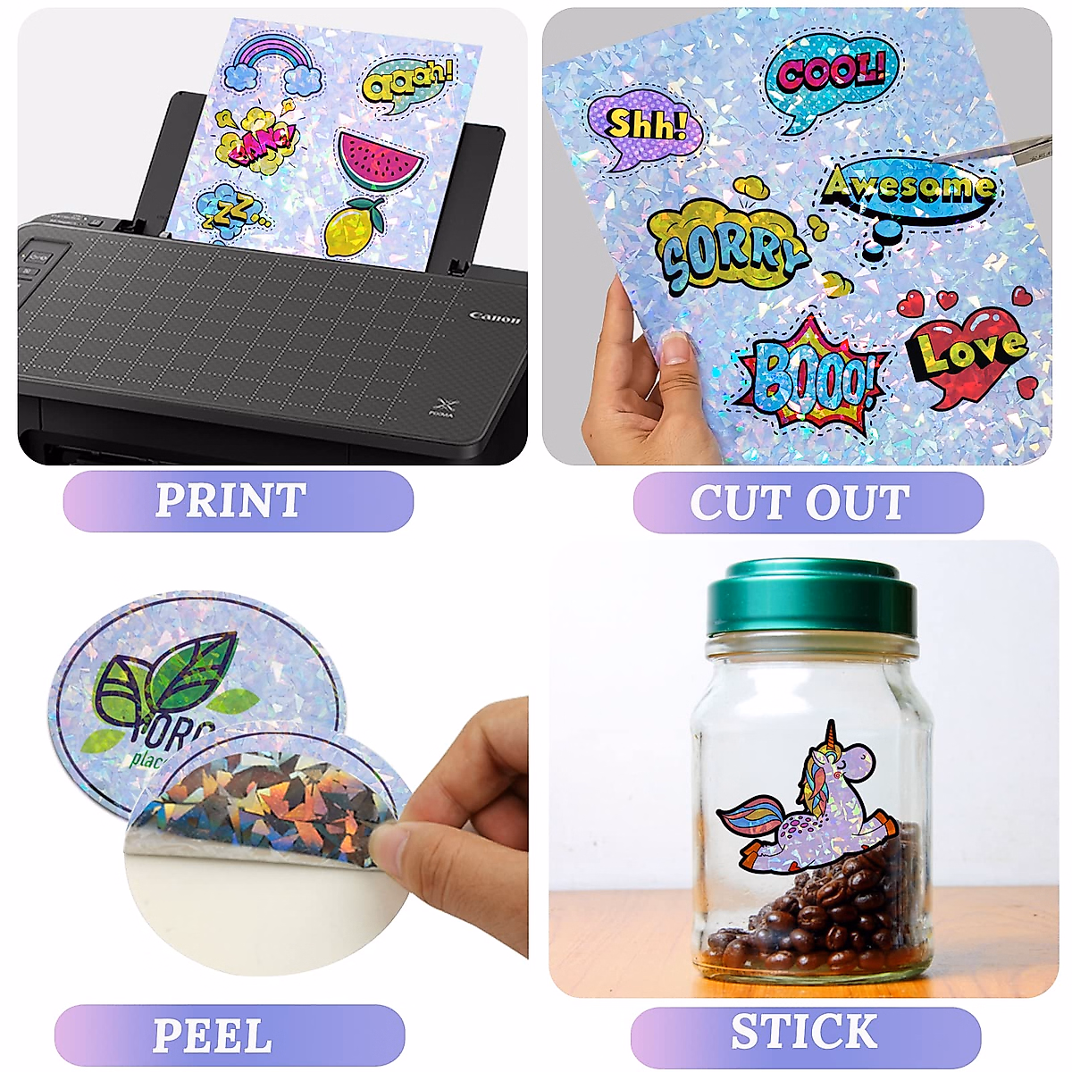 20 Sheets Holographic Printable Sticker Paper, 8.5x11 Inch Vinyl Sticker Paper for Inkjet & Laser Printer, Waterproof Dries Quickly Sticker Paper - Diamond/Rainbow/Glossy White/Star