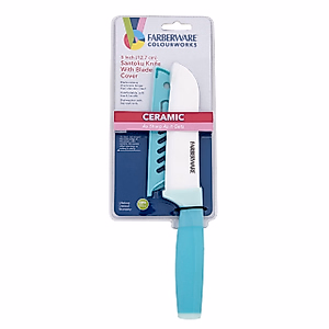 Farberware Ceramic 5- Inch Santoku Knife with Custom-Fit Blade Cover, Razor-Sharp Kitchen Knife with Ergonomic, Soft-Grip Handle, Dishwasher-Safe, 5-inch, Aqua