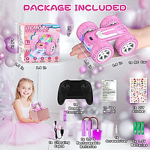 Pink Remote Control Car for Girls, RC Cars for Kids with DIY Sticker & Colorful Lights, 2.4Ghz Double Sided 360° Flips 4WD Stunt Car, Rechargeable Toy Cars for Girl Ages 4-6 5-7 6-8 8-12 Birthday Gift