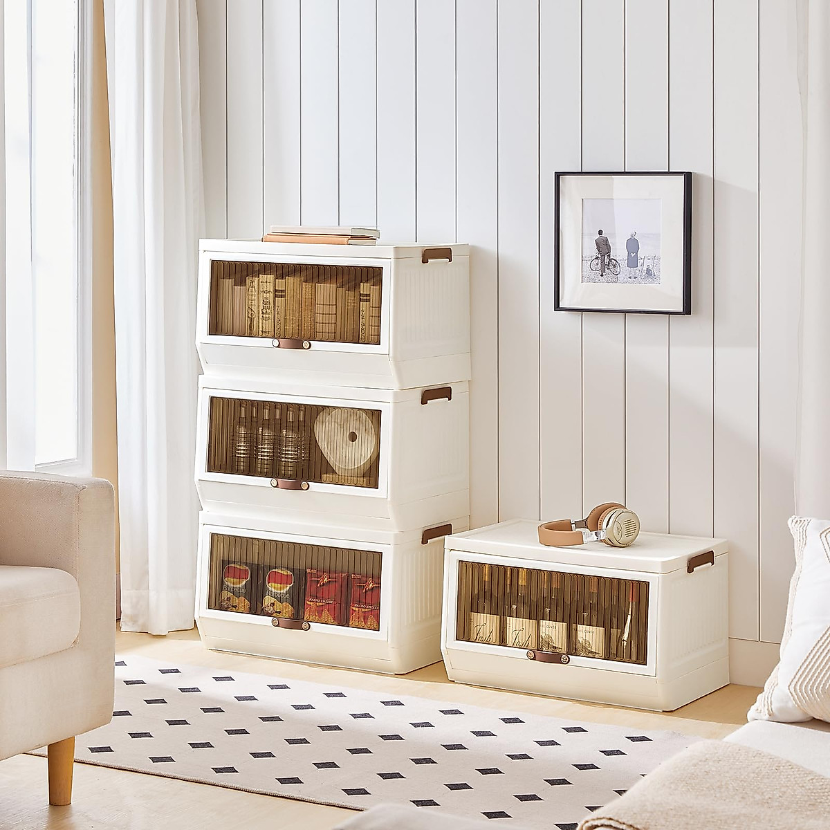 HOOBRO 60 QT Plastic Storage Bins with Lids, 4 Pack Folding Storage Cabinets with Doors and Wheels, Stackable Collapsible Storage Bins and Organizer, for Closet, Home, Dorm, White WG458CW01