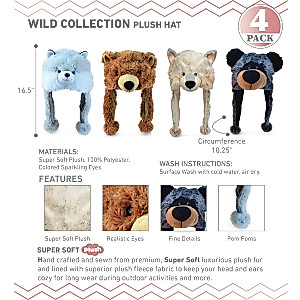 DolliBu Bears and Dogs Animal Plush Hat Set of 4 – Super Soft Black Bear, Wolf, Grizzly, Husky Warm Hats with Ear Flaps, Cute Stuffed Animals Toy Hats, Cozy Fleece Winter Hat for All Ages - 1 Size