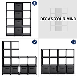 Tribesigns 12 Cubes Storage Organizer DIY Storage Shelves Stackable Open Bookshelf with 4 Cube Storage Bins with Handle Organizer 10.5" x 10.5" for Closet Rack Cabinet Bedroom Livingroom, Black