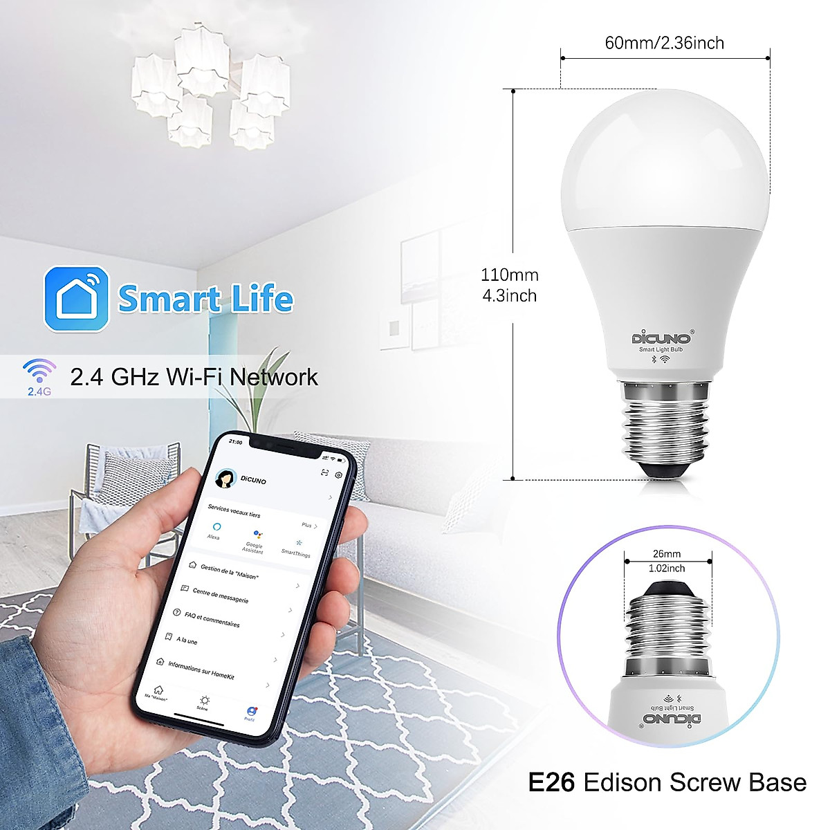 DiCUNO Smart Light Bulbs, Full Color Changing Bulb, Work with Alexa, Google Assistant, No Hub Required, RGBCW Multicolor Dimmable Smart LED WiFi Bluetooth A19 E26 9W 800LM Lights, 1-Pack