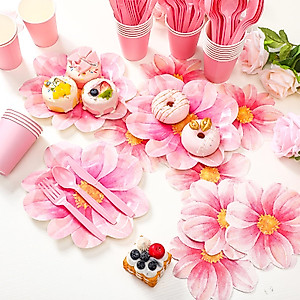 Sieral 144 Pcs Flower Party Supplies Include Disposable Flower Paper Plates Decorative Pink Floral Plates Napkins Cups and Cutlery for Bridal Baby Shower Wedding Birthday Summer Tableware Decoration