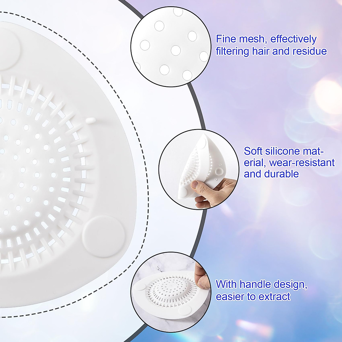 CustomyLife 3 Pack 5.5inch Plastic Drain Hair Catcher with Sucker Trap, Silicone Shower Drain Cover White Bathtub Hair Stopper Drain Strainers for Kitchen Sink Bathroom