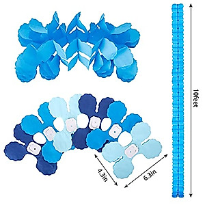 RUBFAC 6pcs Four-Leaf Clover Garland Party Blue and White Streamers Tissue Paper Hanging Flower Garland for Frozen Party Baby Shower Decoration