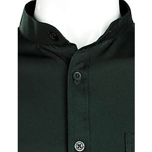 ZEROYAA Men's Banded Collar Slim Fit Long Sleeve Casual Button Down Dress Shirts with Pocket ZLCL09 Deep Forest Green Large