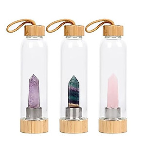 GPPSUNGD Crystal Glass Water Bottle Natural Crystal Energy Bottle with Gemstone Center Crystal Elixir Bottle for Healing and Wellness (Purple)