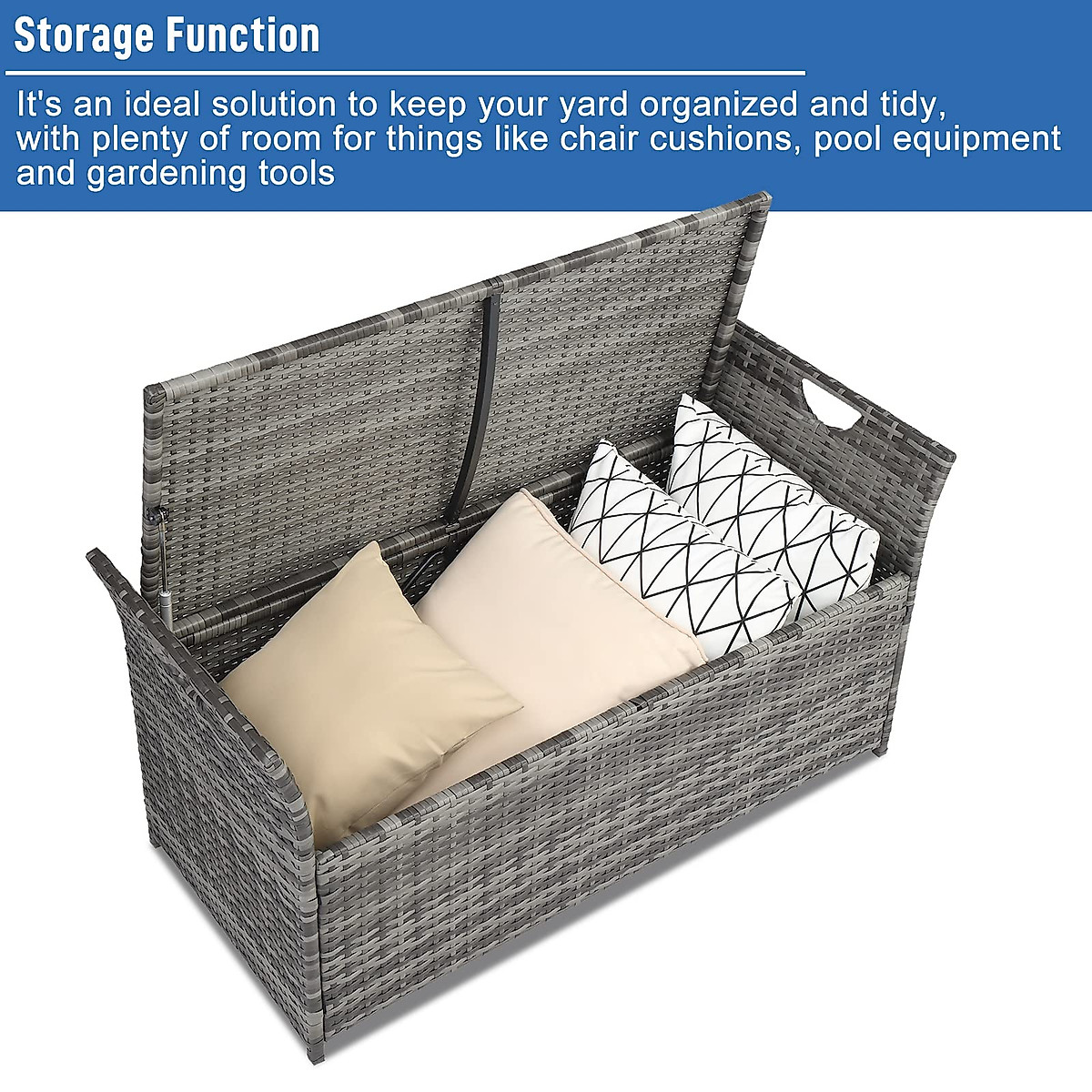 Pinikuyiro 33 Gallon Outdoor Storage Bench with Cushion, Outdoor Wicker Storage Box, Patio Deck Box with Seat, for Garden, Balcony, Poolside, Grey