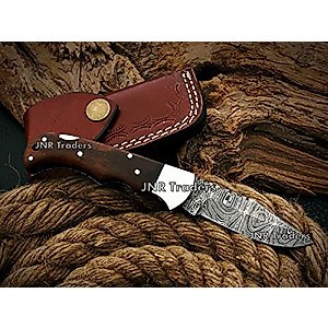 JNR TRADERS Damascus Pocket Knife with Sheath, Folding Knife, Handmade Small Folding Pocket Knife with Sheath, Wood Handle 2397