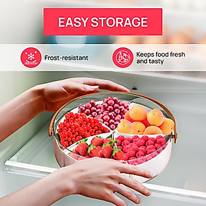 WOWZILLA Round Divided Serving Tray with Lid and Handle, Portable Snackle Box Container with 5 Compartment Trays for Fruit, Veggies, Snacks and Nuts, To Go Snack Container for Travel, Camping, Picnic