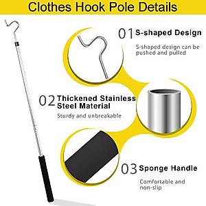 Greeily Clothes Hook Pole, High Reach Garment Hook for Hanging Clothes Light and Plants Extendable from 35" to 50" Made of Stainless Steel Tube with Sponge Handle(1)
