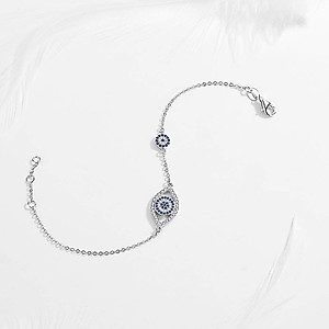 Kaletine Blue Evil Eyes Link Bracelet Sterling Silver 925 Cubic Zirconia Chain Adjustable 6.7" 7" 7.5"(Rhodium)