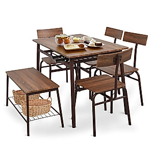 Dporticus 6 Piece Industrial Dining Set for Kitchen Dining Room w/Storage Rack,Wooden Dining Table,4 Ergonomic Chair & 1 Bench,Stainless Steel Frame,Brown