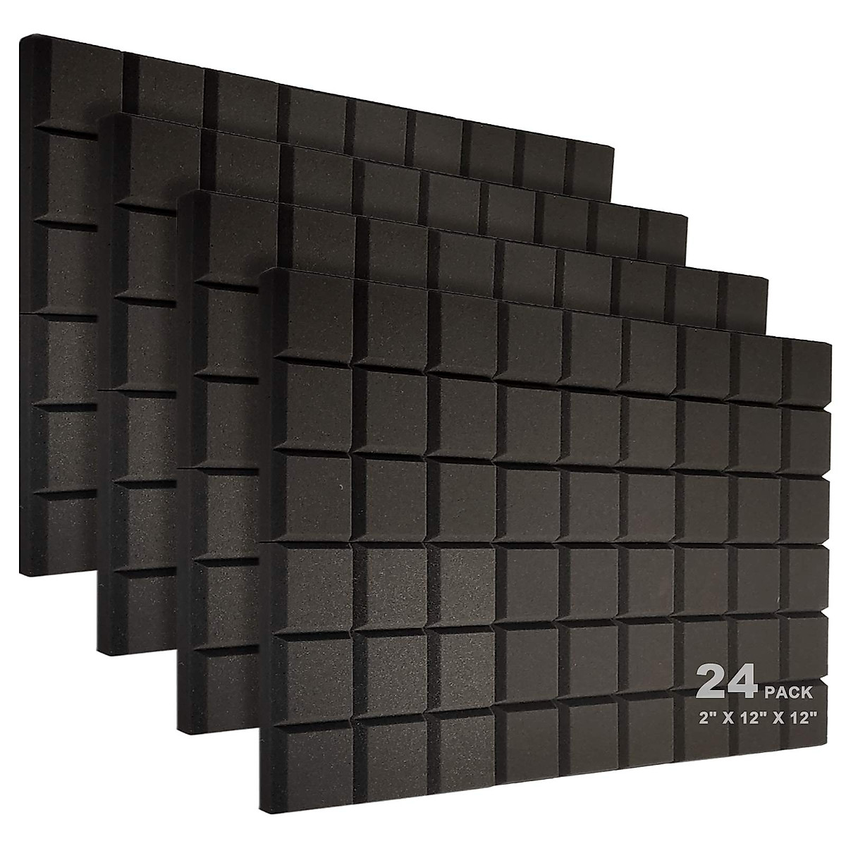 JBER 24 Pack 2" X 12" X 12" Acoustic Foam Panels,Soundproofing Wall Studio Foam Panels Wedges,Sound Insulation Absorbing Acoustic Treatment,9 Blocks Beveled Square Fireproof Design - Black