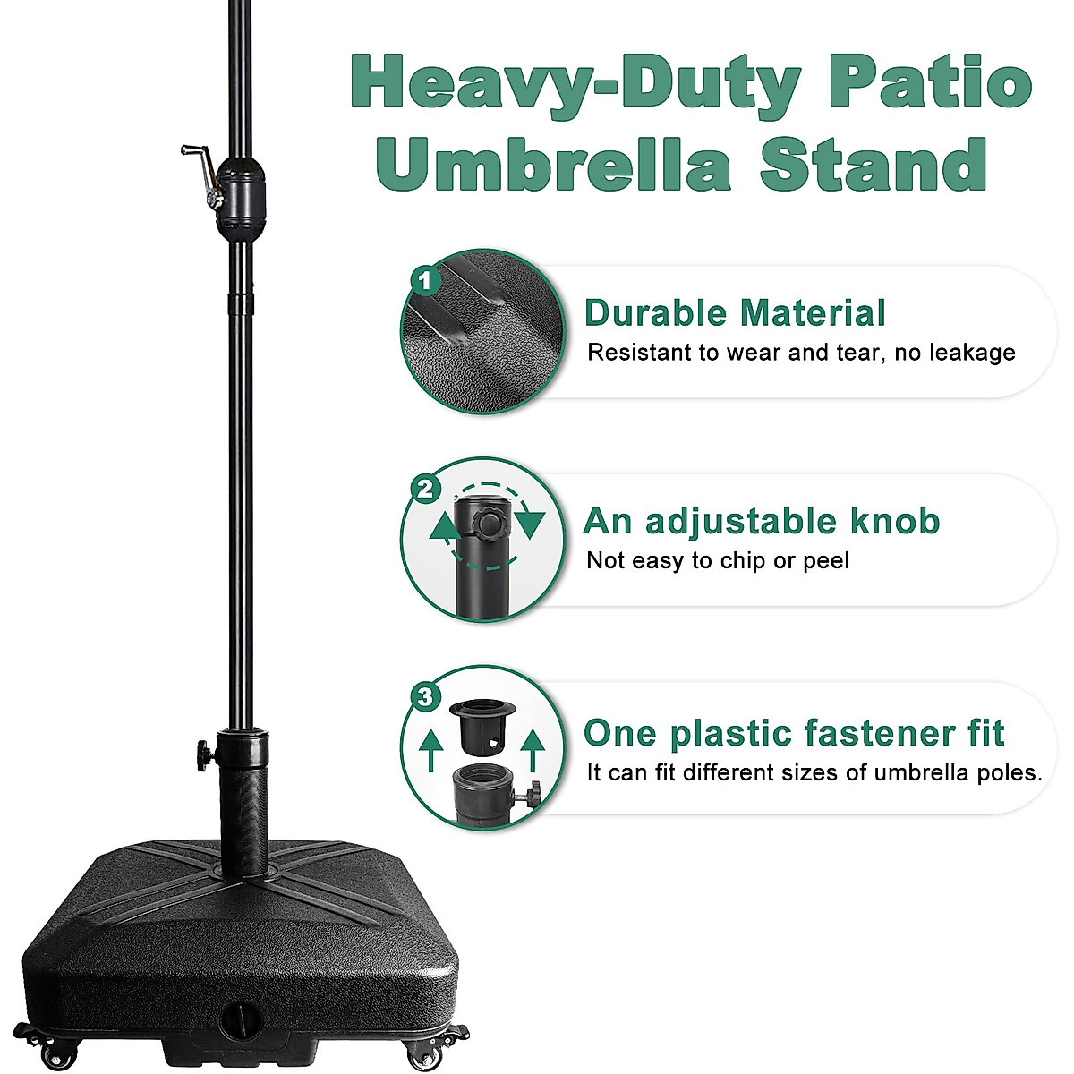 RAOKUKH DZ4733 MS Patio Umbrella Base Heavy Duty with Wheels Square Market Stand for Outdoor 4 Locks 1 Knobs 125lb Capacity, Black