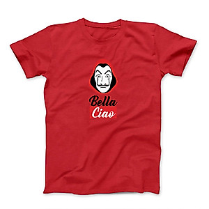BannerBuzz, Bella Ciao Crew Neck T-Shirt Short Sleeve, Cotton Fabric, Unisex, Digitally Printed, Fabric Warranty for up to 25 Washes (X-Large, Red)