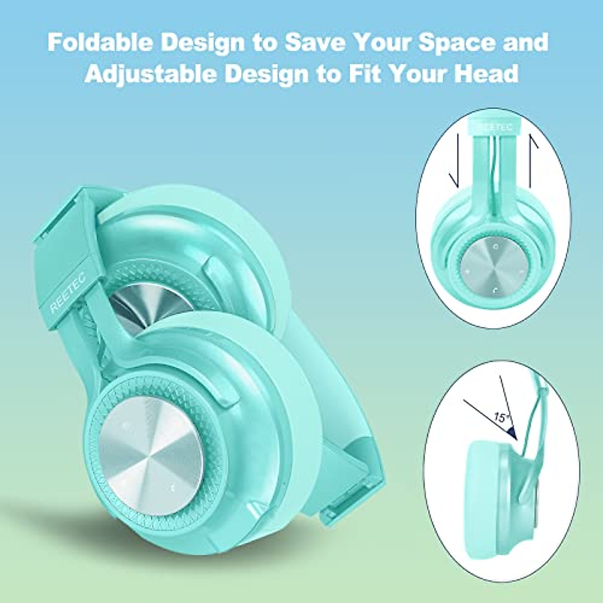 REETEC Wireless Bluetooth Headphones Over-Ear - [40 Hrs Playing Time, Soft Protein Earpads] Foldable HiFi Stereo Wireless Headphones with Microphone, Deep Bass Headset for Phone, PC, iPad - Mint Green