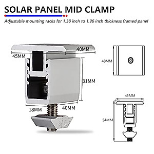 Solar Panel Mid Clamp Adjustable Metal Roof Solar Panel Module Mounting Racking Kits Assembly for 1.38 Inch to 1.96 Inch Thickness Framed Panel(4pcs)