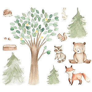 InnovativeStencils Woodland Watercolor Wall Decal Oak Pine Tree Animal Creatures - Bear, Fox, Raccoon, Rabbit, Squirrel, Porcupine Fabric Nursery Decals #3061 (84" Tall Tree (Including Leaves))