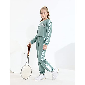 YOURUIKEY Girl Clothes Top Pants Sets Cotton little Girl Outfits Green Sweatsuits Kid Girl's Clothing Set for Size 7-8 Years Old Girls