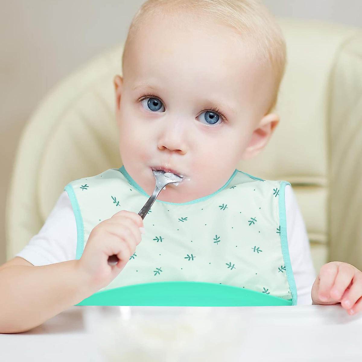 GAJIGAJI Waterproof Baby Bib with Silicone Food Catcher Pocket, Adjustable Feeding Bib Fit for 6-24 Month Toddlers (Leaves Green)