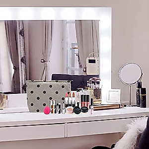 PAZIMIIK Makeup Bag Large Zipper Corduroy Make Up Pouch for Purse Travel Canvas Cosmetic Organizer for Women Brush Storage,Polka Dot Grey