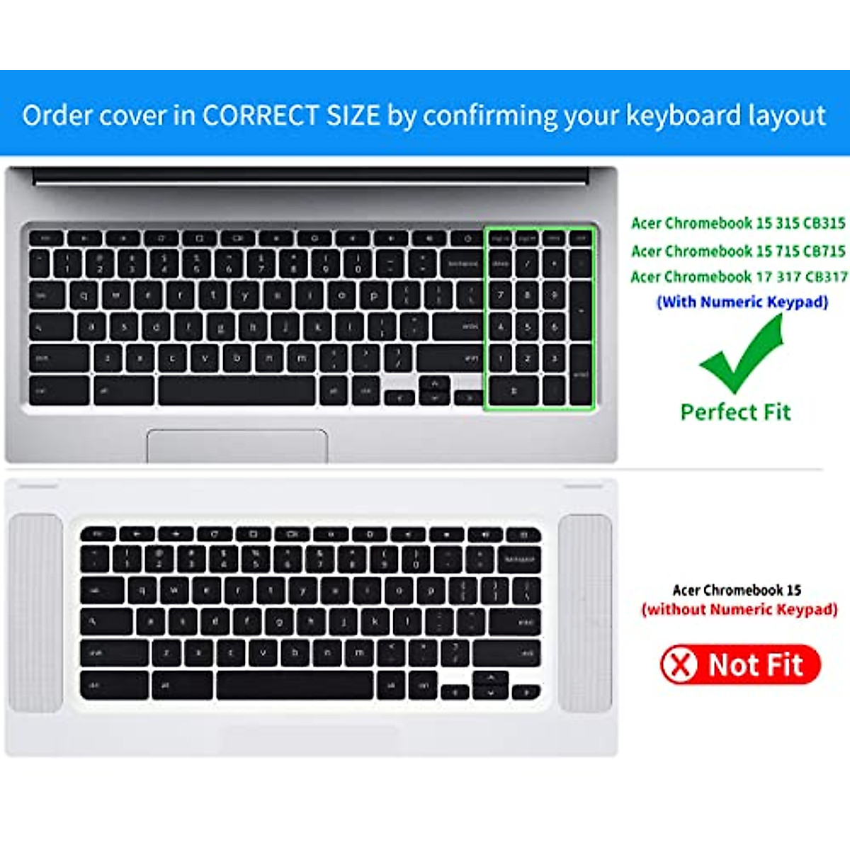 Colorful Keyboard Cover Skin for Acer Chromebook 15 315 CB315 715 CB715 15.6 inch Chromebook with Numeric Keypad, Acer Chromebook 317 CB317 17.3" Keyboard Skin Protector, Rainbow