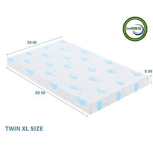OUUI 6 Inch Twin XL Mattress, Removable Washable Cover with Whales Pattern Cooling Memory Foam Medium Feel, Bed-in-a-Box, CertiPUR-US Certified, White/Blue