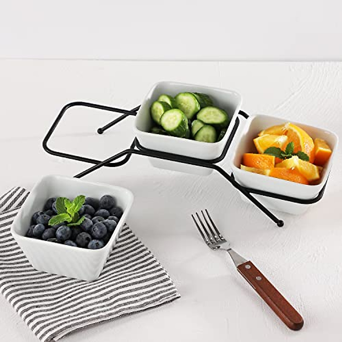 Buyajuju 3 pcs square bowl Porcelain Chip & Dip Serving Set with Black Metal Stand, 4.5inch White Small Serving Bowls for Side Dishes, Salsa, Appetizer, Serving Dishes for Entertaining