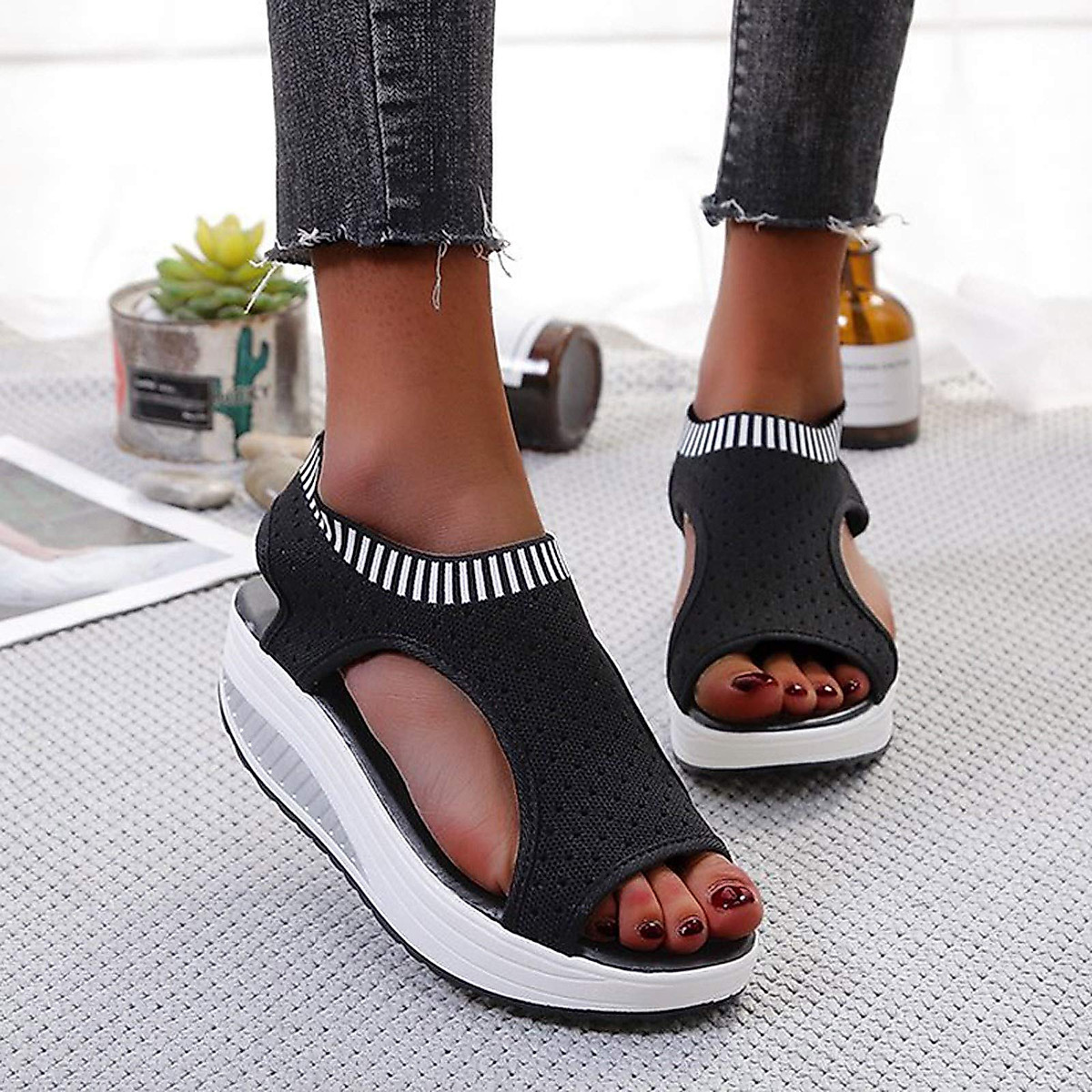 Women Casual Wedge Sandals Hook Loop Non Slip Thick Bottom Peep Toe Platform Chunky Sandal Shoes