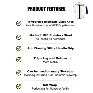 APOXCON Multi Use Percolator Coffee Pot Stainless Steel Stove Top Coffee Maker with Two Borosilicate Glass Knob Silica Handle Camping Coffee Pot Using on Campfire Stove & Induction Cooker Silver 9 Cup