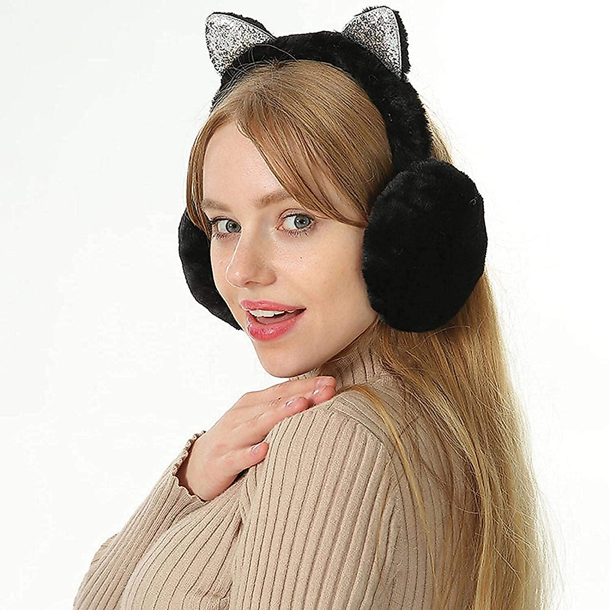 RONGXG Cute Sequin Cat Ear Earmuff Girls Plush Warm Ear Muff Soft Furry Outdoor Winter Ear Warmer Anti-Cold Ear Protector Earflap, Black, One Size