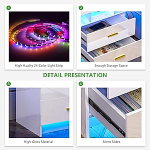 HNEBC LED Nightstand, RGB White Night Stand with USB/Wireless Charging Station, Modern Bedside Table has Auto Sensor RGB Lights, End Side Table with 2 Drawer for Bedroom Furniture, White