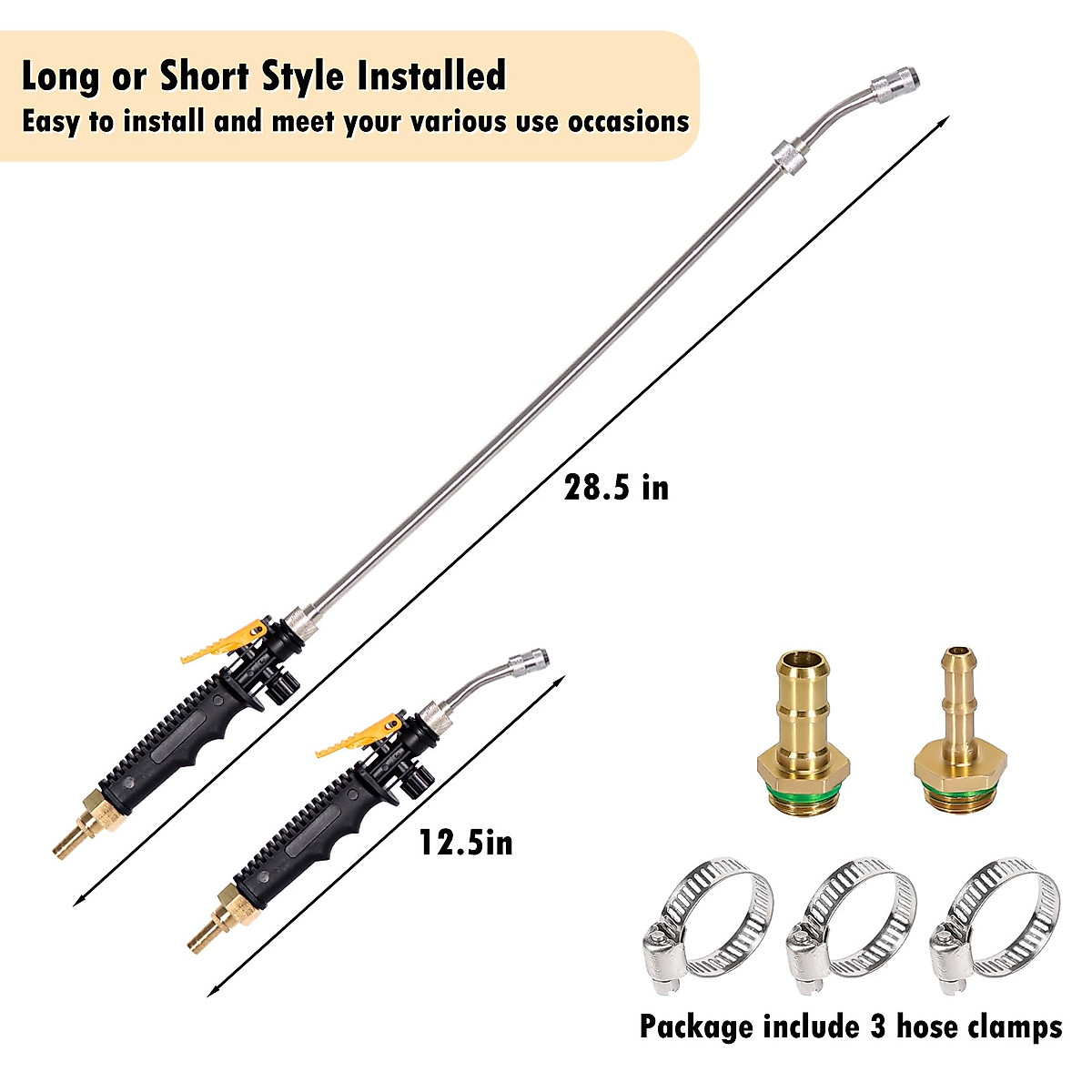 29 Inch Sprayer Wand, Stainless Steel 3/8" & 1/4" Brass Barb Replacement Sprayer Wand,Watering Wand with Shut off Valve & 3 Hose Clamps for Garden Car Window Cleaning (1 Set)