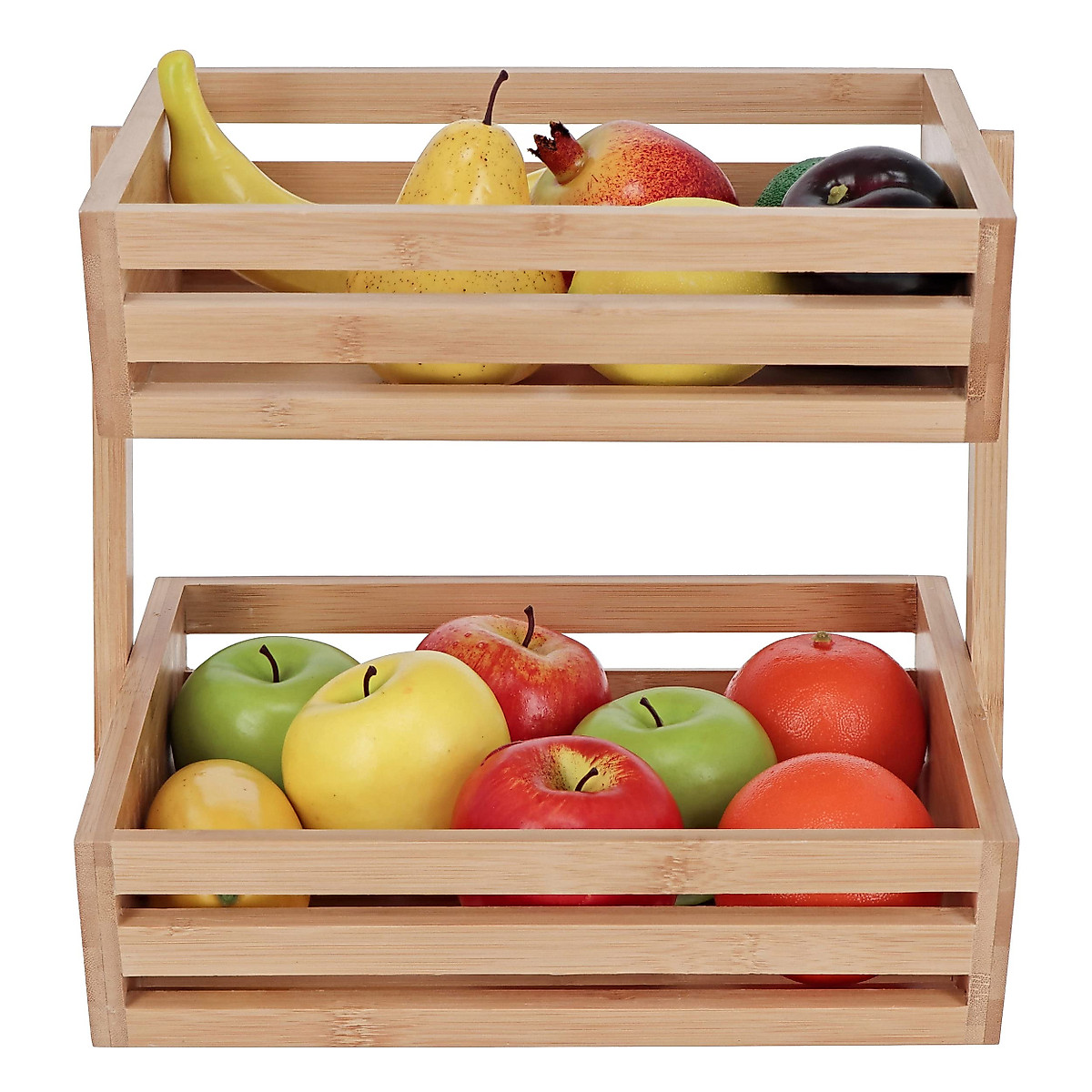 7Penn 2 Tier Fruit Basket for Kitchen Counter - Standing Countertop Bamboo Fruit Basket for Table or Pantry - Large Farmhouse Wooden Fruit Bowl for Vegetables - Rustic Bread Holder Produce Storage