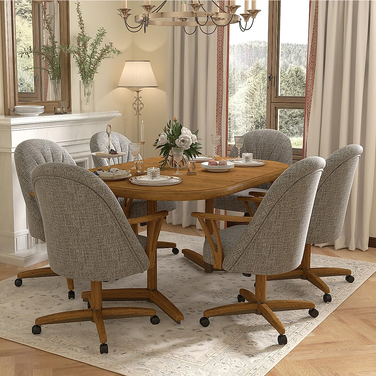 Chromcraft Set of 4 Caster Swivel Tilt Dining Chairs, Luxe Casual Wooden Arm All-Metal Pedestal Base Chairs with Rolling Wheels for Kitchen(Fonzo Marble-Chestnut Oak)