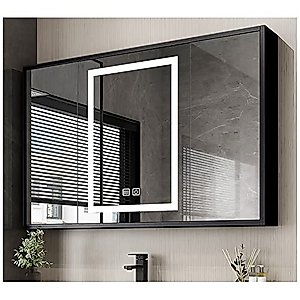 Wooden Bathroom Medicine Cabinet with LED Light & Defogger, Bathroom Storage Cabinet with HD Frameless Mirror, Over Toilet Bathroom Mirror Cabinet, with Mounting Kits (Size : 90cm-Black)