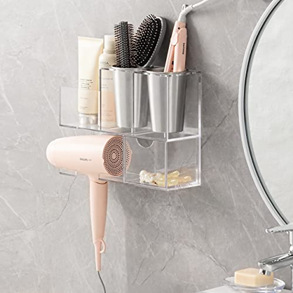 HBlife Hair Tool Organizer Wall Mounted with Drawer, Clear Acrylic Hair Styling Tools Organizer, Blow Dryer Holder, Caddy Storage for Hair Brush