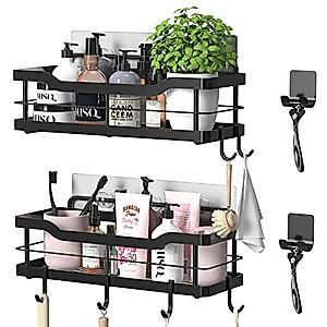 Carwiner Shower Caddy Bathroom Shelf 2-Pack, Basket with 8 Hooks for Hanging Shampoo Conditioner, Stainless Steel Rack Wall Mounted Storage Organizer for Kitchen, No Drilling (Black)