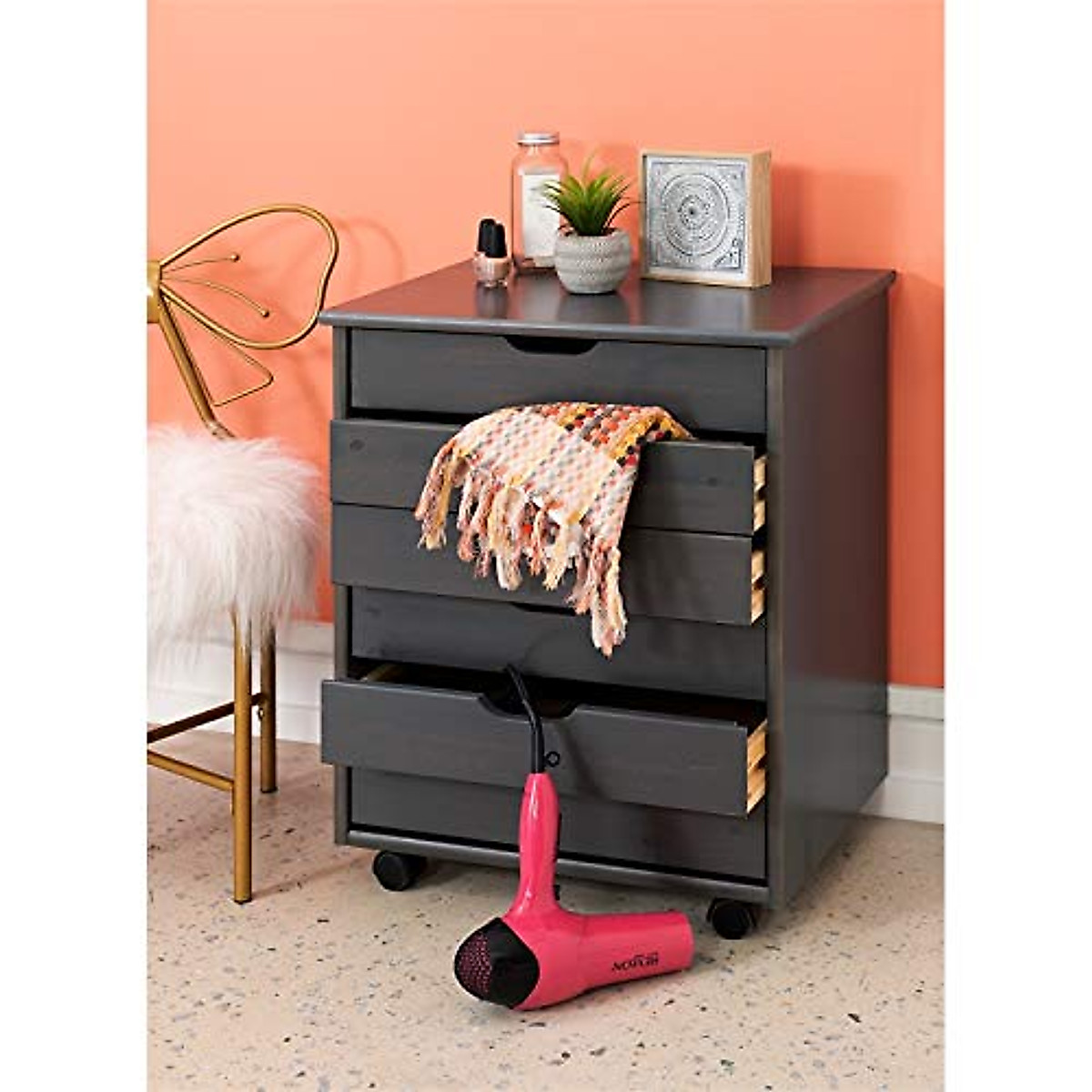 Linon Callie Multipurpose Six Drawer Dresser Wide Wood Rolling File Cabinet Storage Cart with Casters in Gray