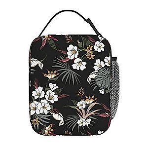 GAMSJM White Flower Lunch Box for Women, Black Insulated Lunch Bag