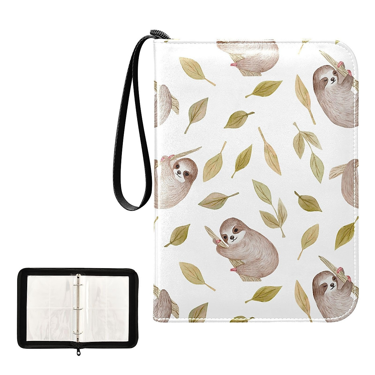 PYBUG Cute Sloth Trading Card Binder with Nylon Strap 4-Pocket Waterproof PU Leather Card Collection Binder for 400 Cards Sturdy Card Holder Folders for Game Cards,Sports Cards