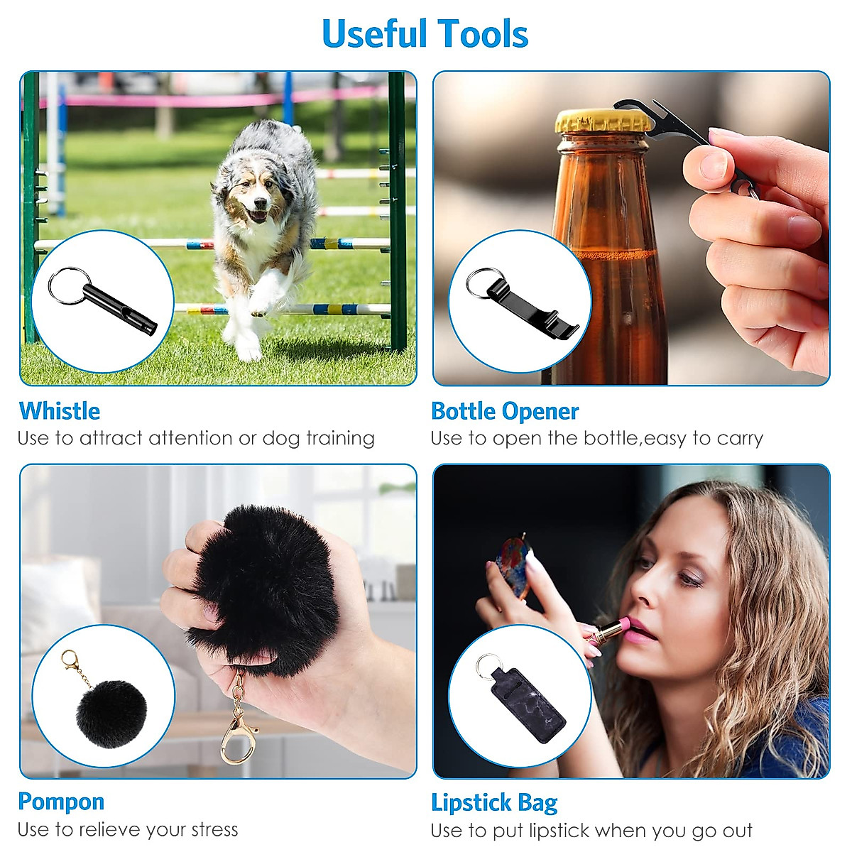 AMIR Safety Keychain Set for Women with Personal Safety Alarm, No Touch Door Opener, Whistle & Pompom - Safety Keychain Accessories 10 Pcs Set for Girls & Kids, Black