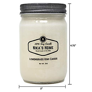 Nika's Home Lemongrass Kiwi Cassis Soy Candle 12oz Mason Jar Non-Toxic White Soy Candle-Hand Poured Handmade, Long Burning 50-60 Hours Highly Scented All Natural, Clean Burning Gift Décor