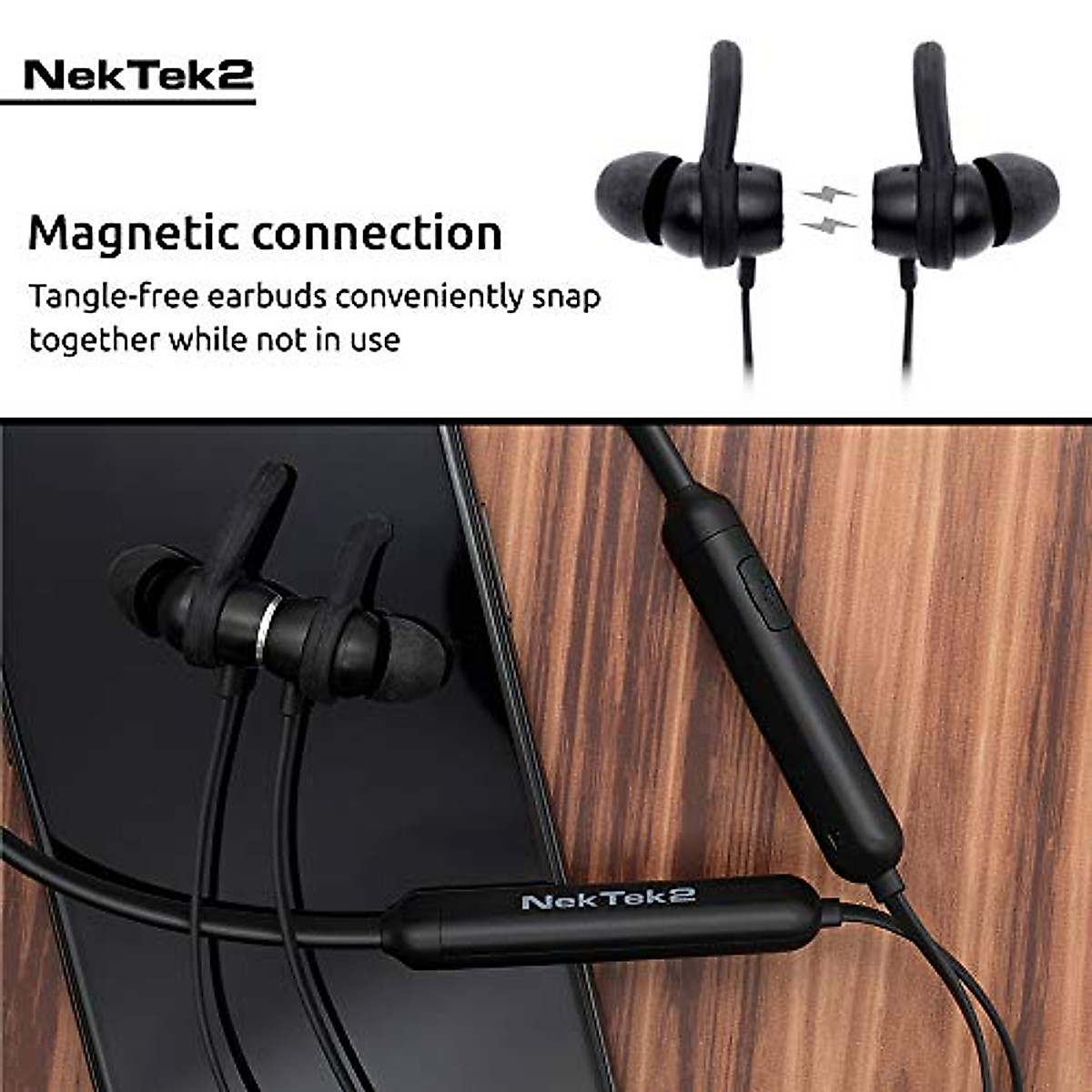 NVX NekTek2 Behind-The-Neck Bluetooth Wireless Headphones - 10 Hour Playback Time - ComfortMax Memory Foam Tips - Fast 40 Minute Charge Time - Built-in Microphone