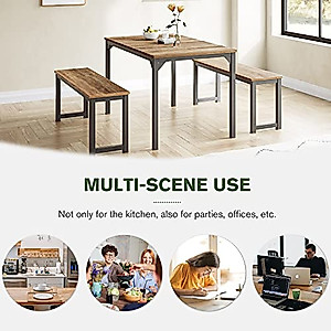 IMUsee 45" Dining Table Set for 4, 3-Pieces Kitchen & Dining Room Sets with Benches, Metal Frame and Wood Board, Sturdy Structure, Easy Assembly, Small Space Dinette, Brown & Grey