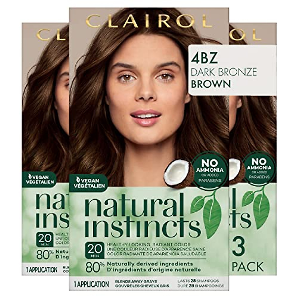 Clairol Natural Instincts Demi-Permanent Hair Dye, 4BZ Dark Bronze Brown Hair Color, Pack of 3