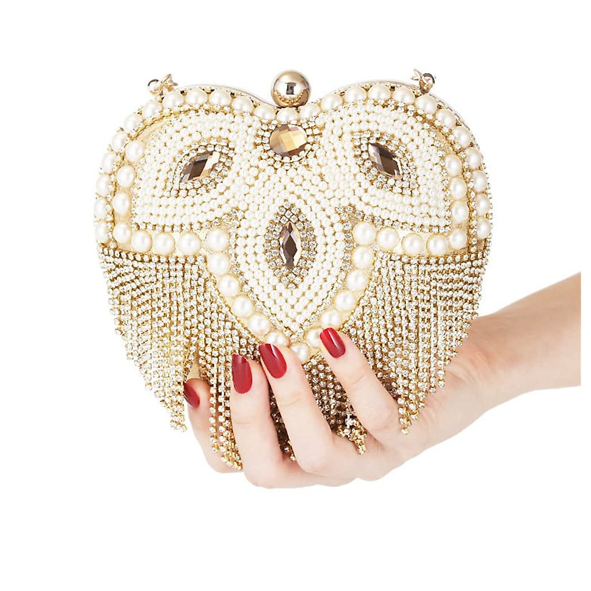 WANLIAN Women Luxury Cute Heart Shape Tassel Evening Clutch Bag Rhinestones Wedding Party Purse Handbag With Earrings Necklace(Gold7)