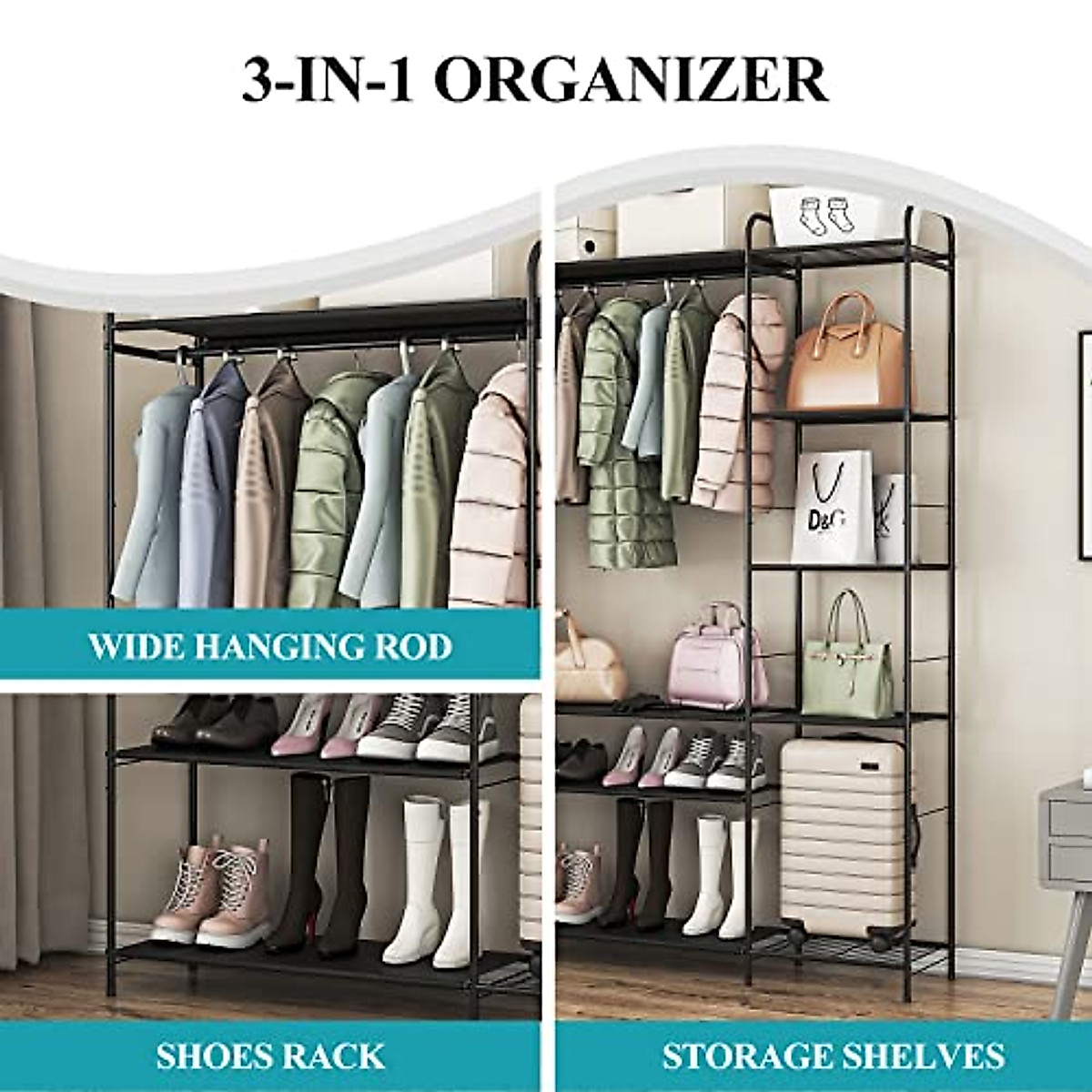 Wisdom Star Garment Rack with Shelves for Hanging Clothes, Free-Standing Clothes Rack with Shelves for Bedroom, Bathroom, Metal Clothes Racks for Hanging Clothes, Coats, Skirts, Shoes, Large, Black